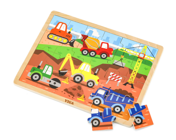 Framed Wooden Puzzle: Construction Vehicles 24pc – PlayingandLearning.co.za